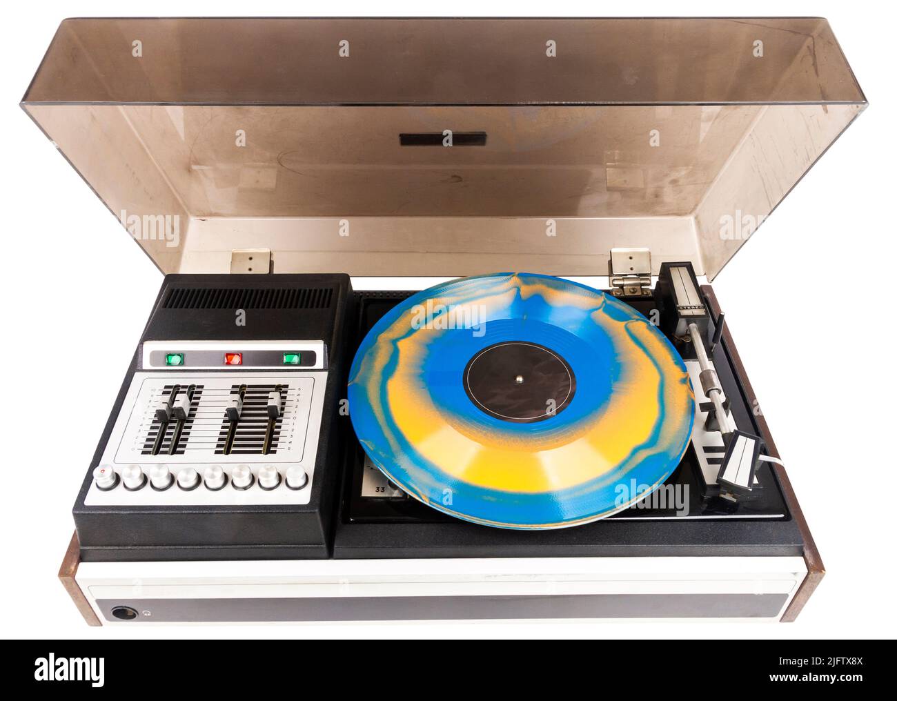 Vintage turntable record player with blue and orange vinyl isolated on ...