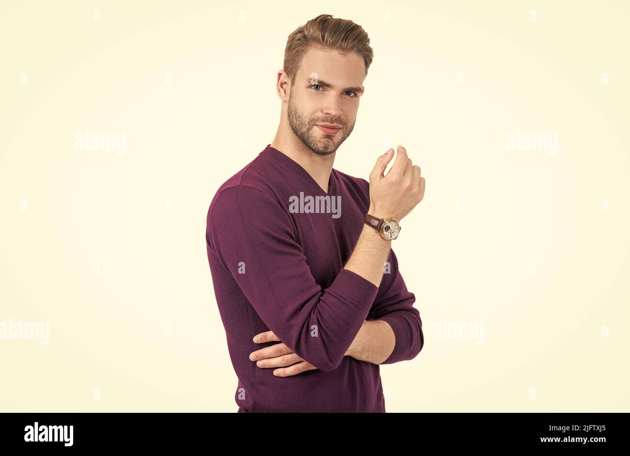 Extremely handsome guy. Caucasian guy wear violet pullover isolated on ...