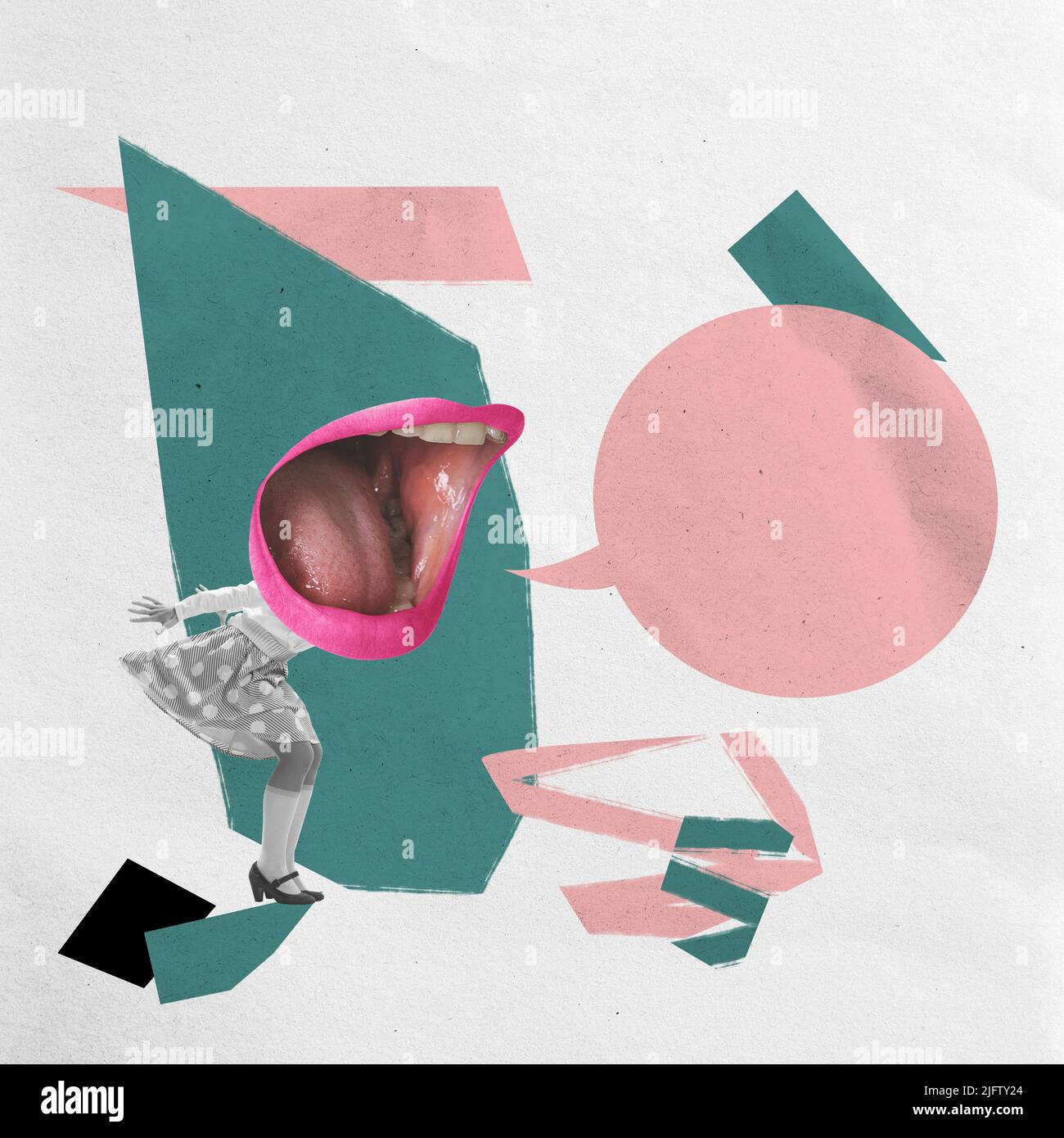 Composition with woman in retro style outfit with big mouth over ...