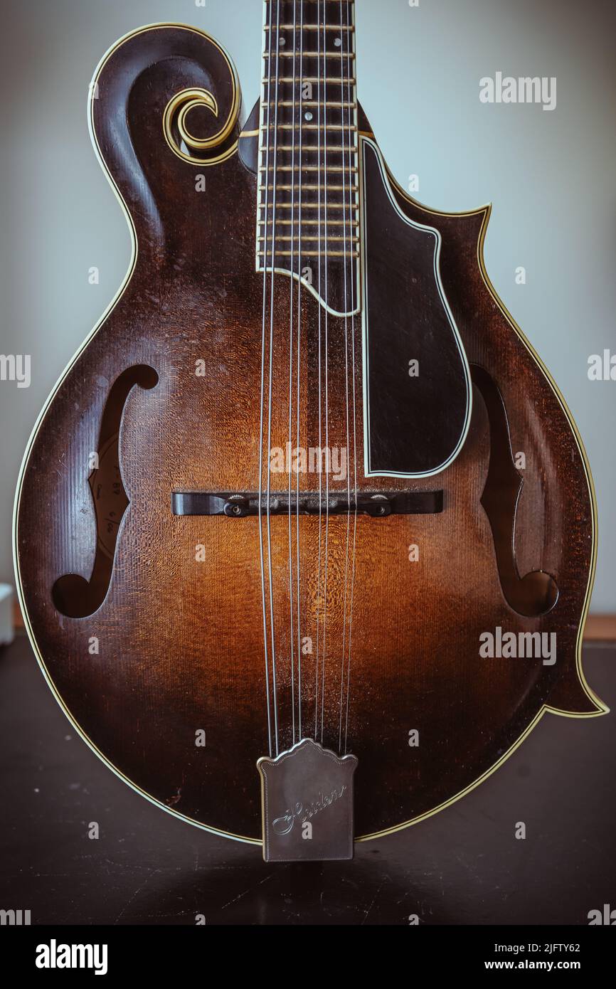 A vertical closeup shot of a stringed musical instrument- Mandolin ...