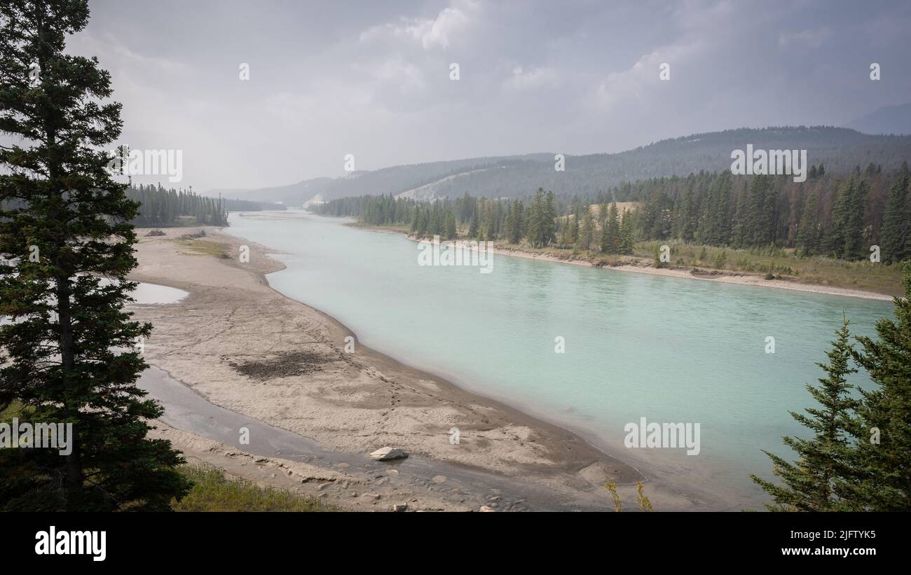 View on big glacial river flowing through the valley, Jasper NP, Canada ...