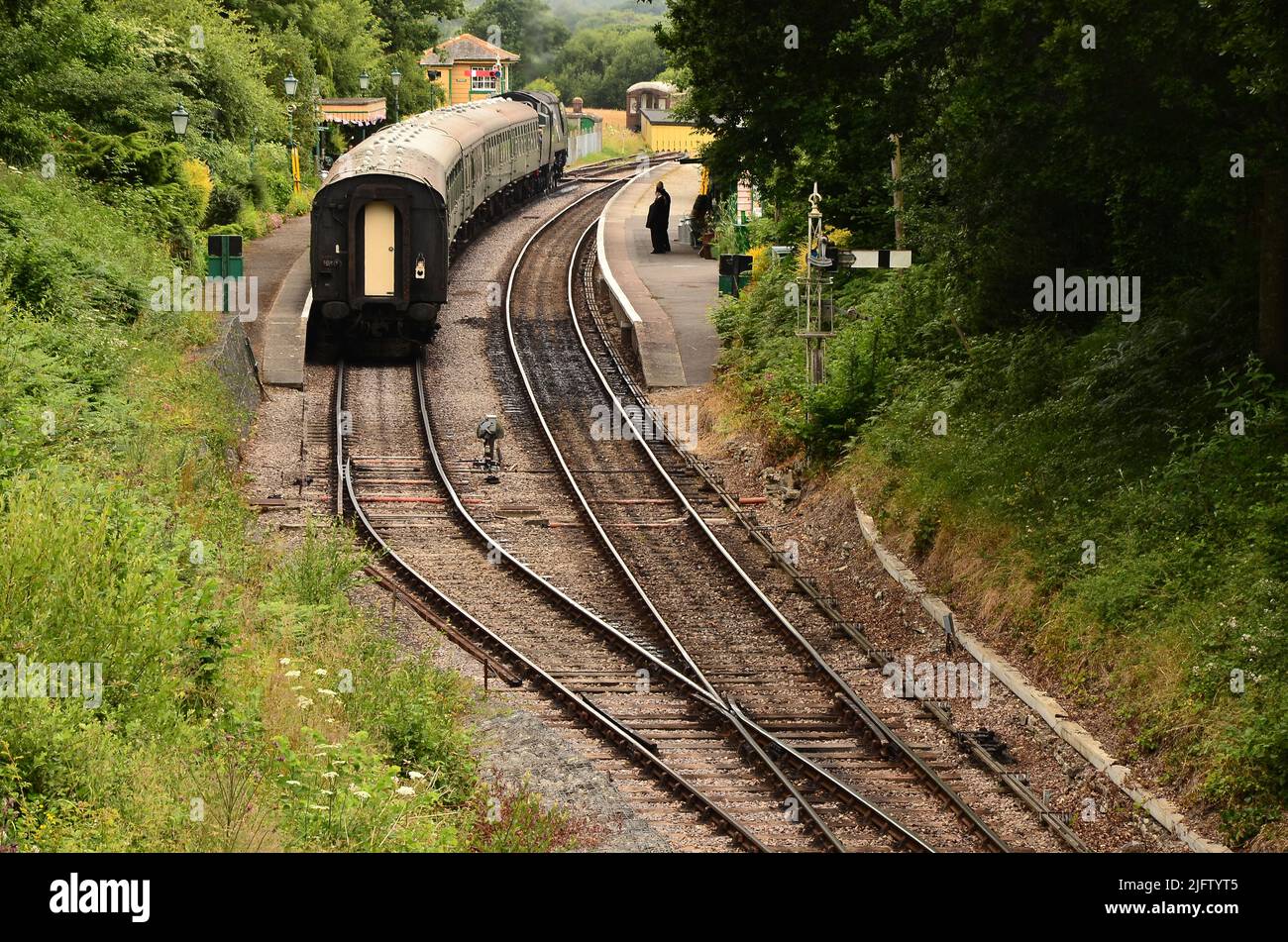Passenger steam train in Harman's Cross station on the Swanage steam ...