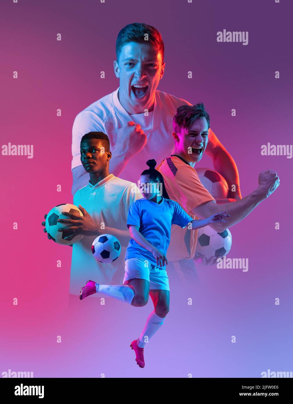 Creative collage with professional sportsmen, male and female soccer ...