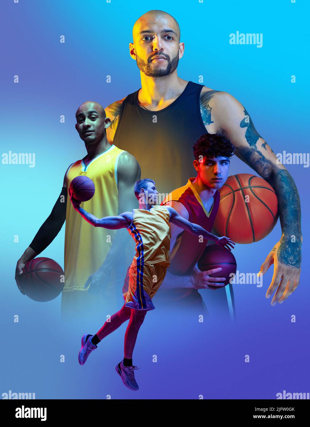 Composite image with professional sportsmen, male basketball players ...