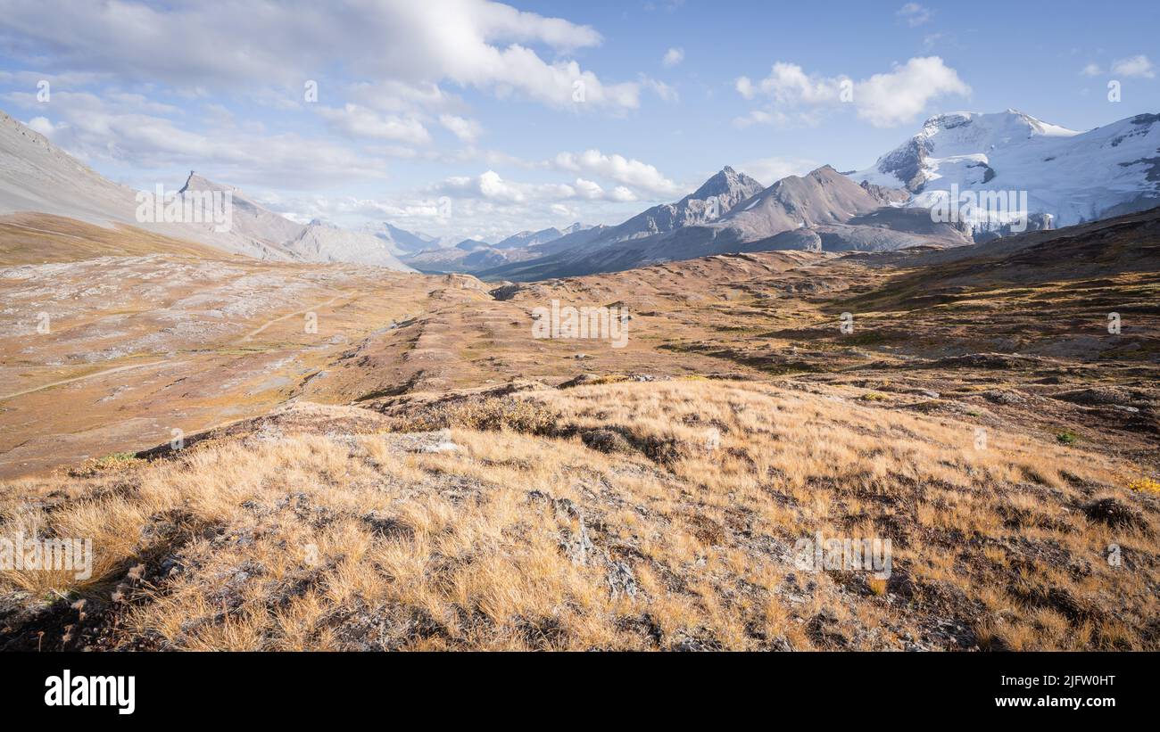 Stunning view on mountain valley with autumn colours and mountains ...
