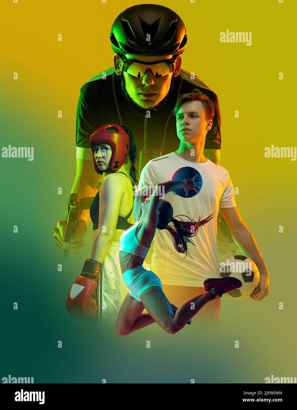 Composite image with young professional sportsmen, soccer player, boxer ...