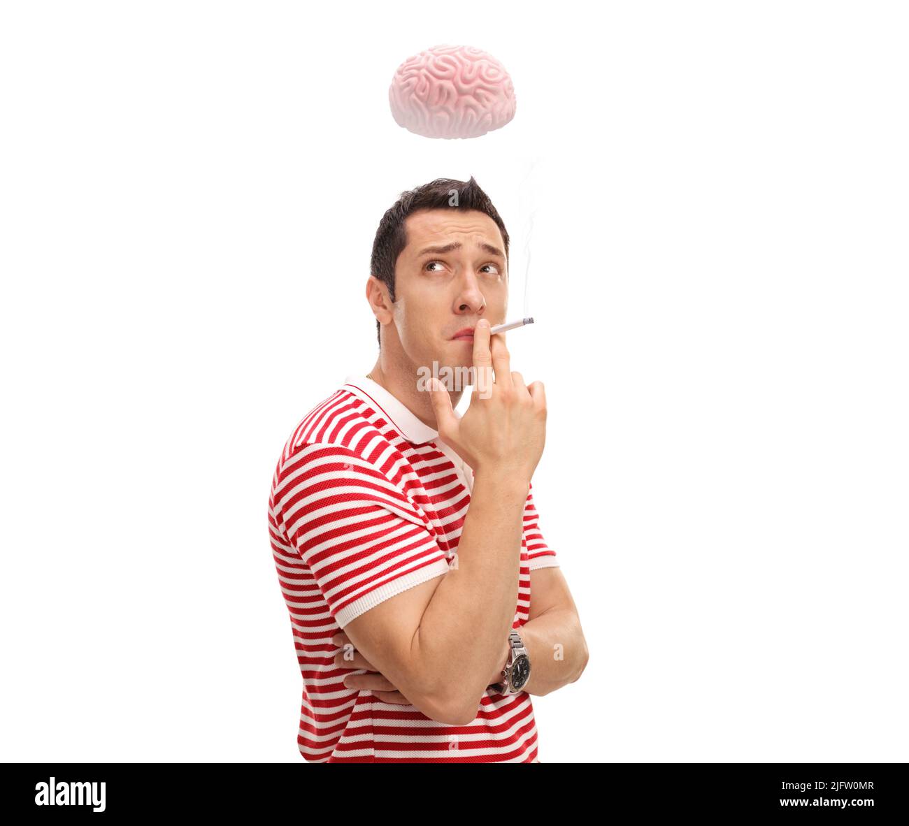 Pensive guy smoking a cigarette and thinking with brain over his head ...