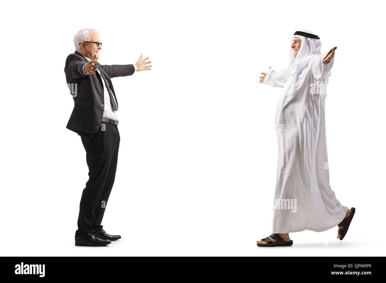 Full length profile shot of a businessman meeting a muslim arab man ...