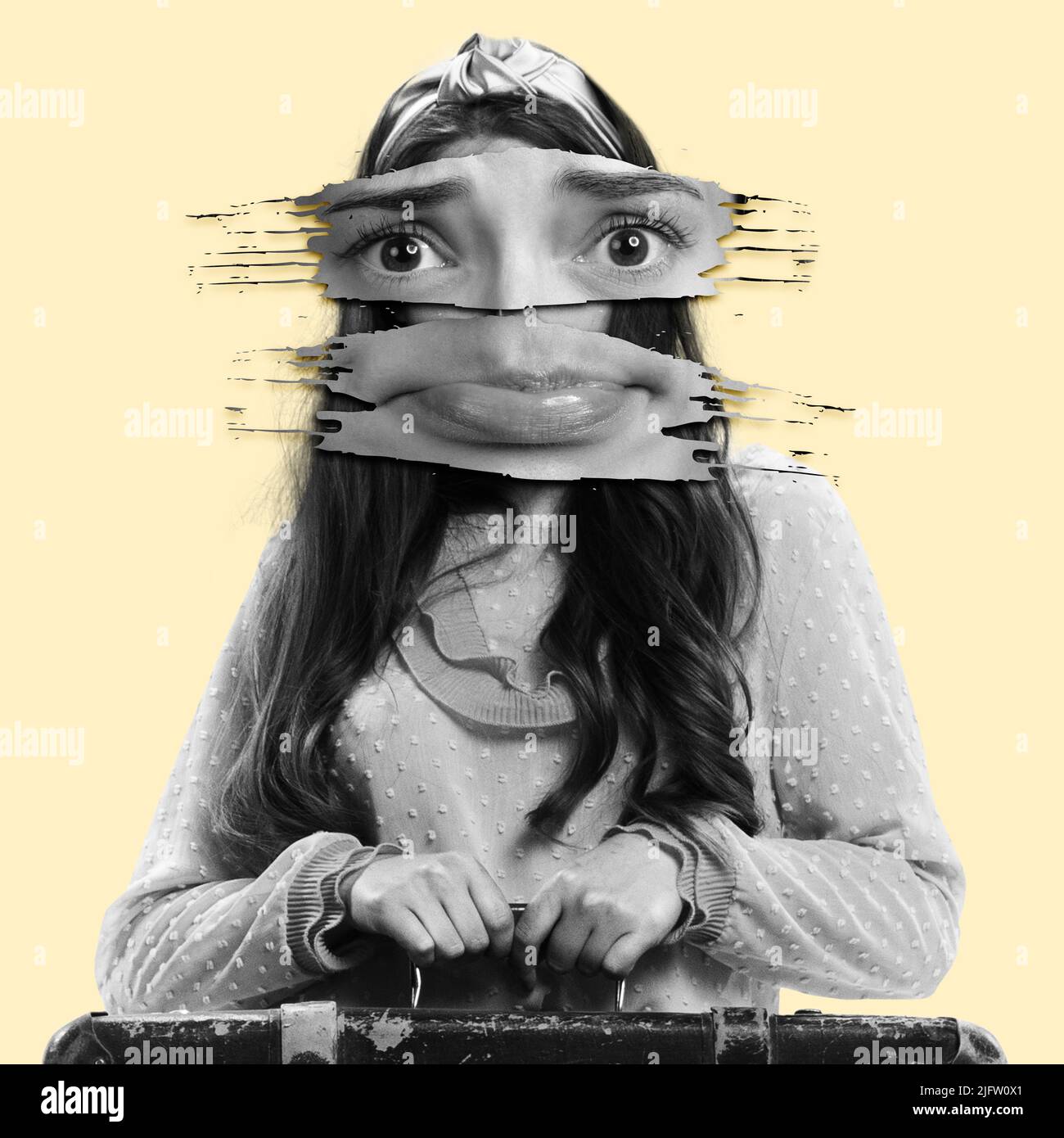 Contemporary art collage. Emotive young woman with shy face part ...