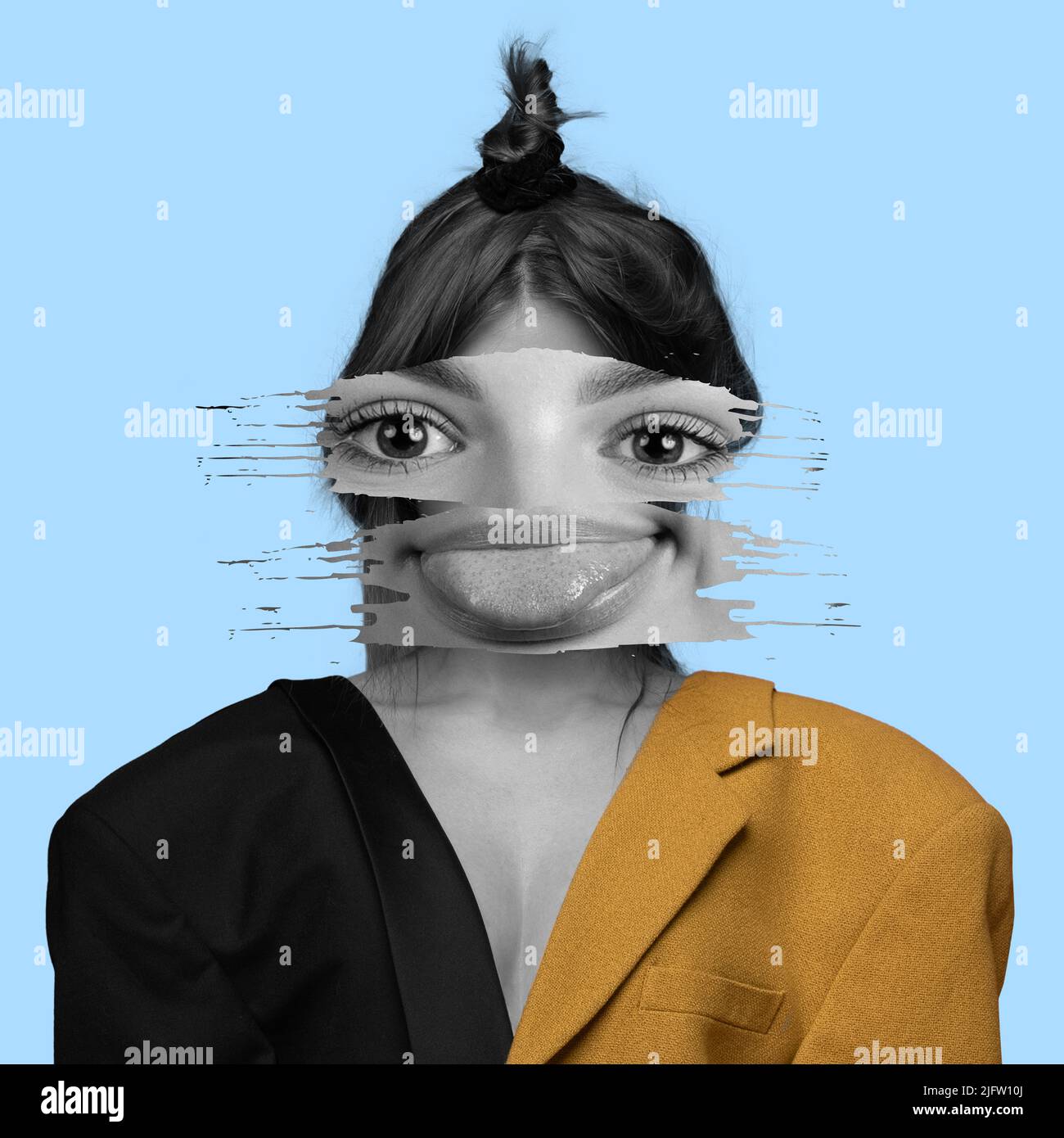 Contemporary art collage. Stylishyoung girl with funny face element ...