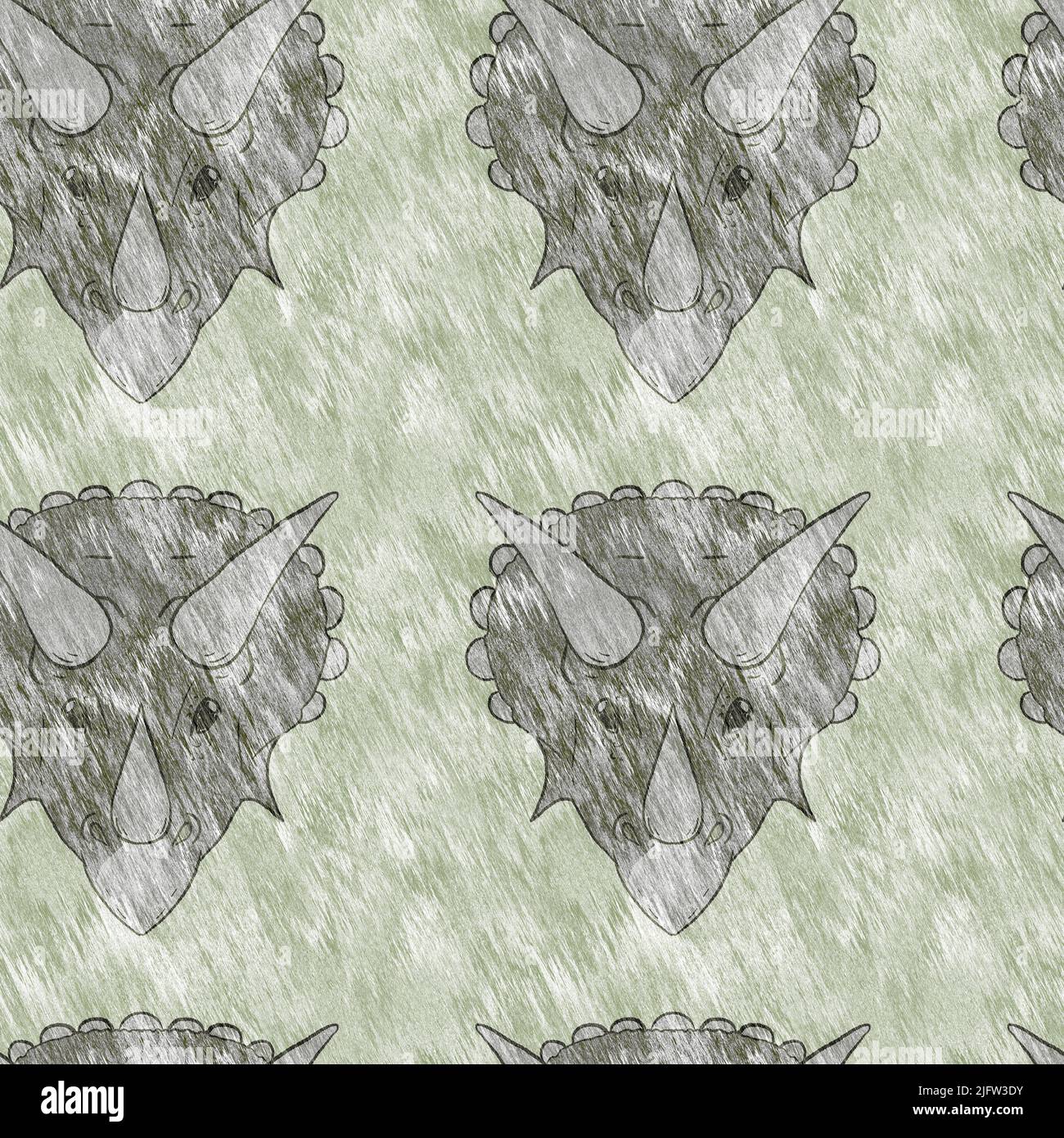 Green hand drawn triceratops dinosaur seamless pattern. Gender Neutral ...