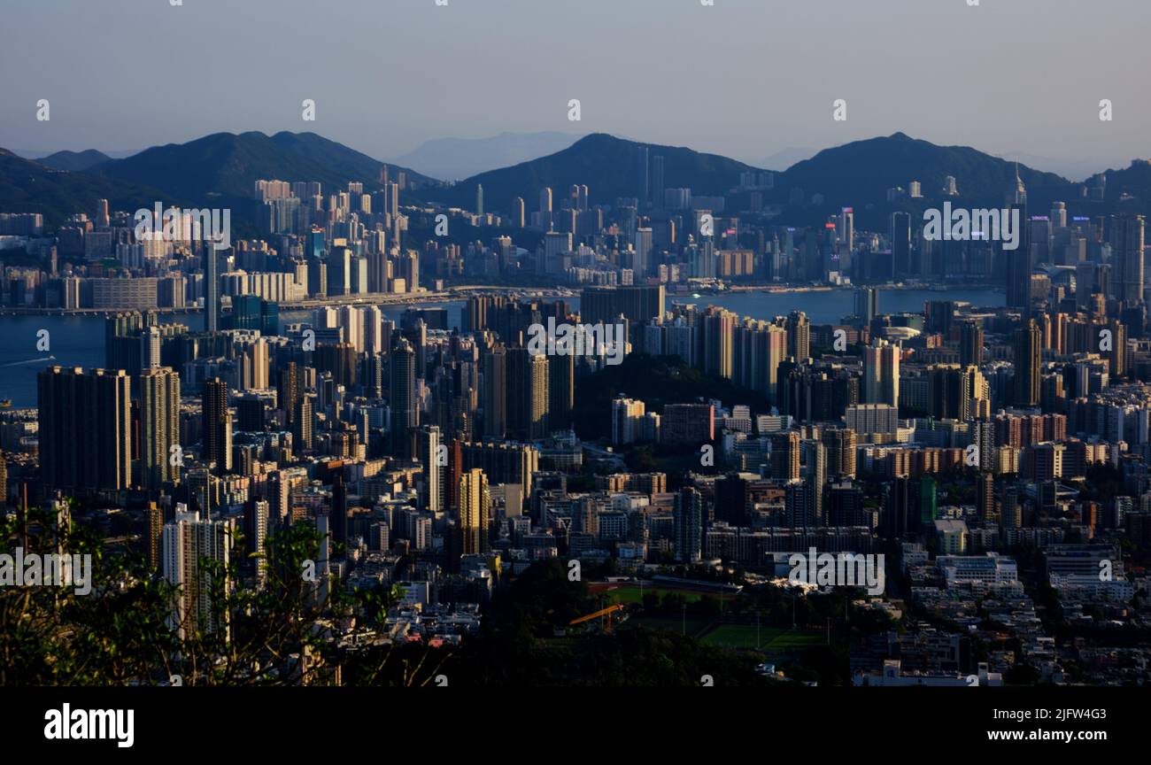 A bird's eye view of green hills against skyscrapers of Hing Kong on a ...