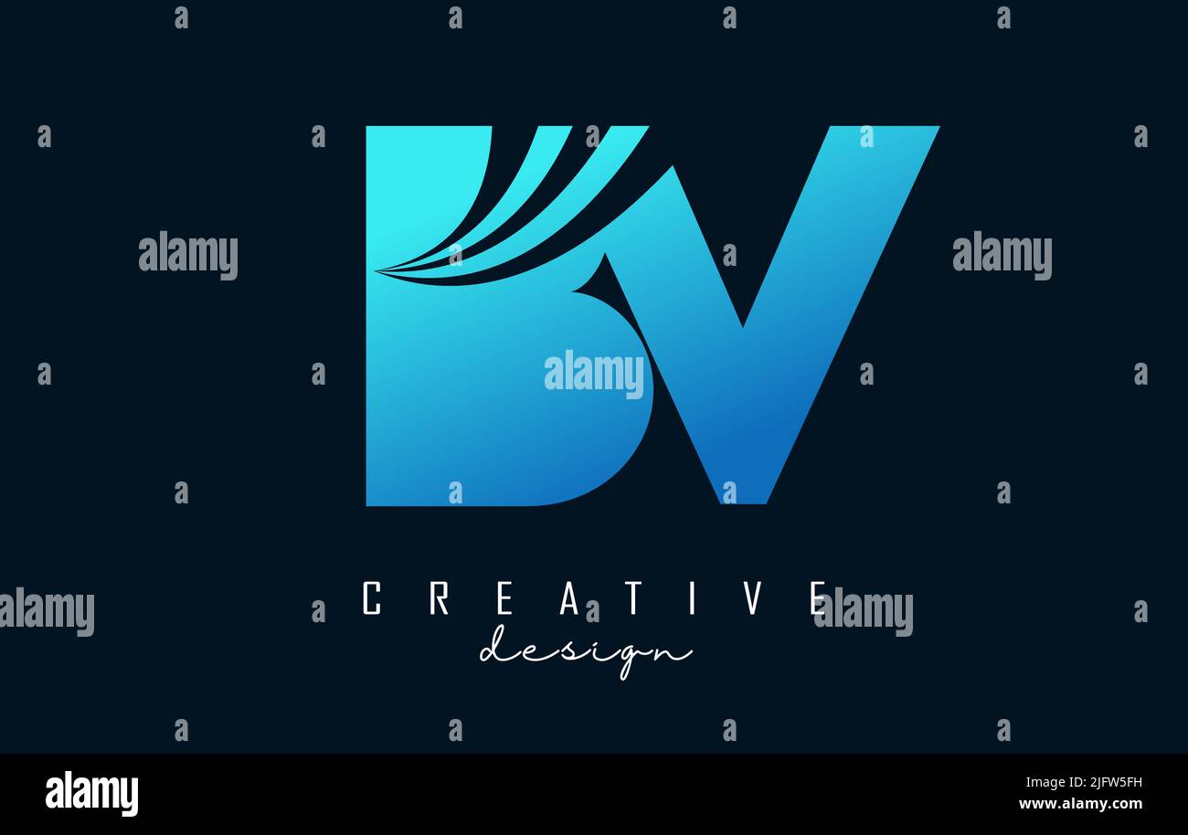 Creative blue letter BV b v logo with leading lines and road concept ...