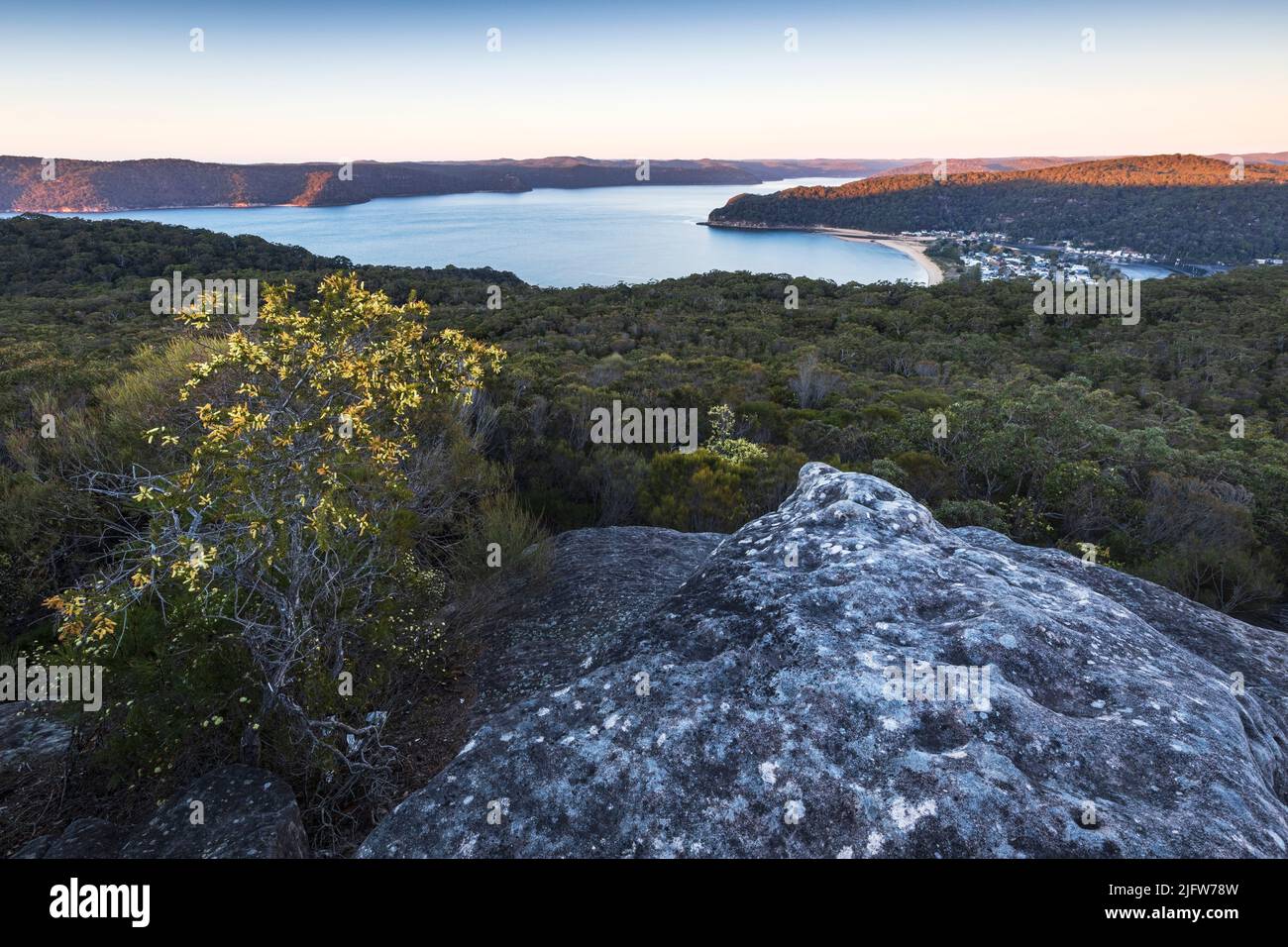 An aerial view of a beautiful lake near the forest in Brisbane Water ...