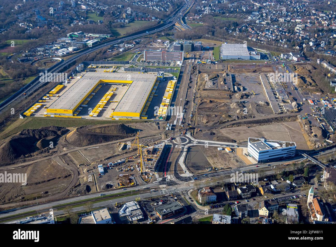 Aerial photograph, Mark 51/7 industrial estate and DHL logistics hall ...