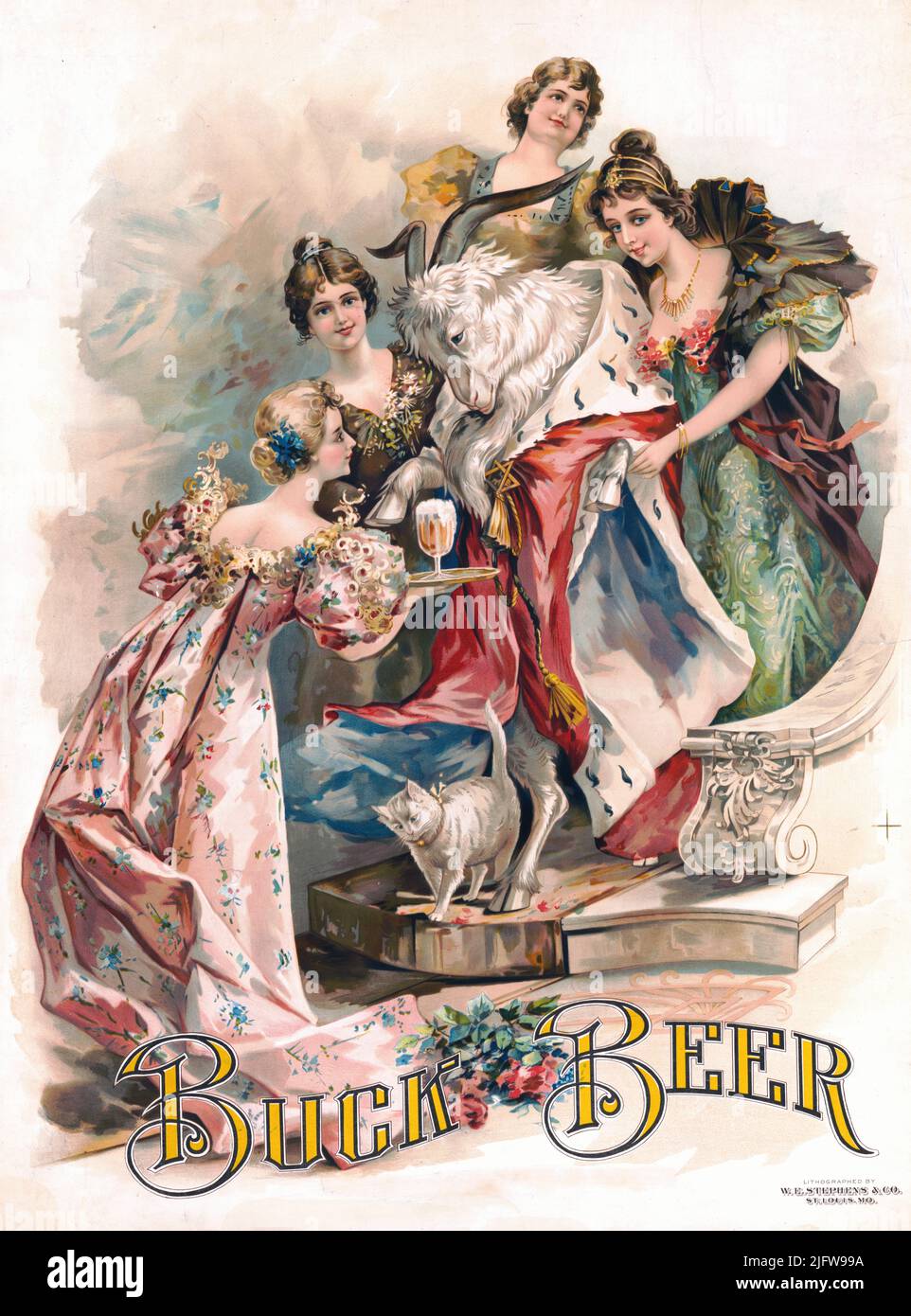 1880 ad for Bock beer, a goat wearing a royal robe, being waited on by ...