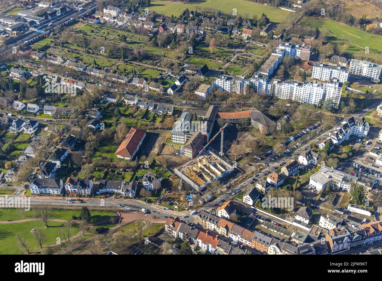 Aerial view, construction site for triple gymnasium at secondary school ...