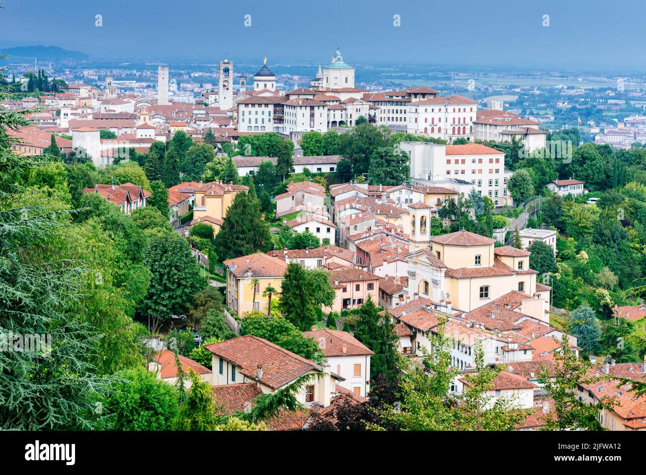 The skyline of the old fortified Upper City. Città alta, upper city, a ...