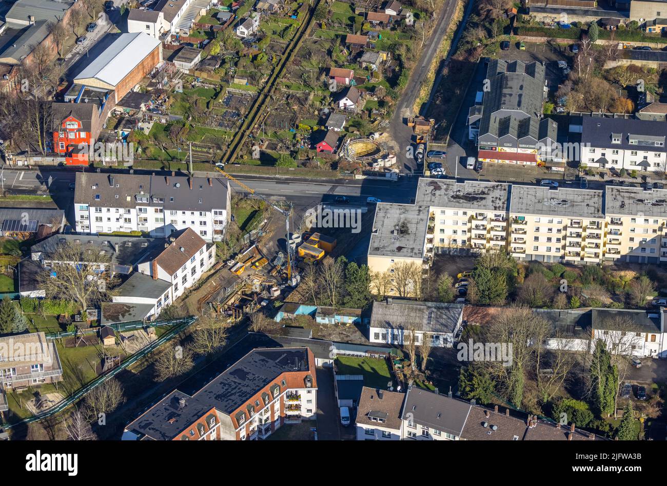 Aerial view, construction site at the subway Wattenscheider Bach and ...