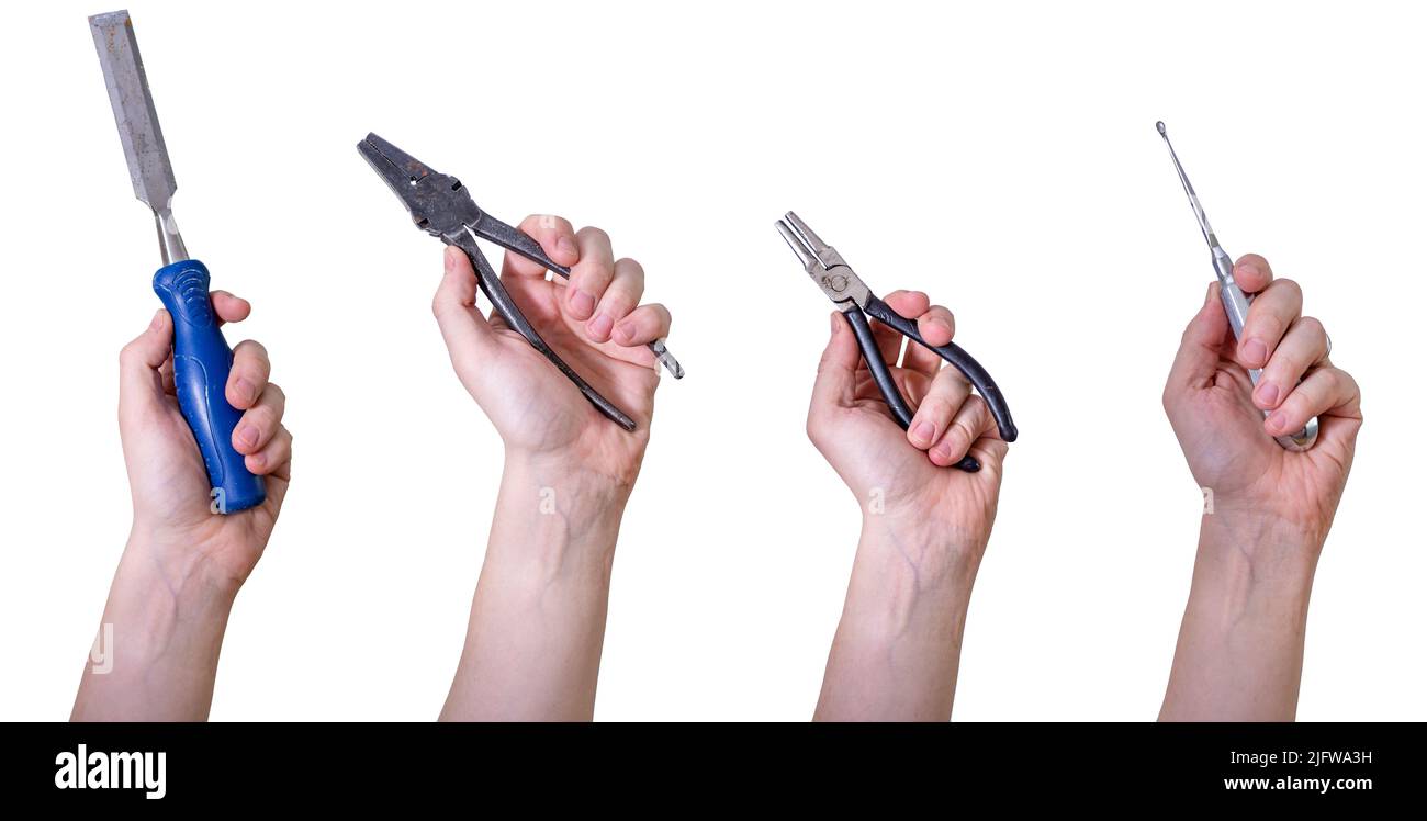 Hands holding hand tools, insulated on white background. Tool elevator ...