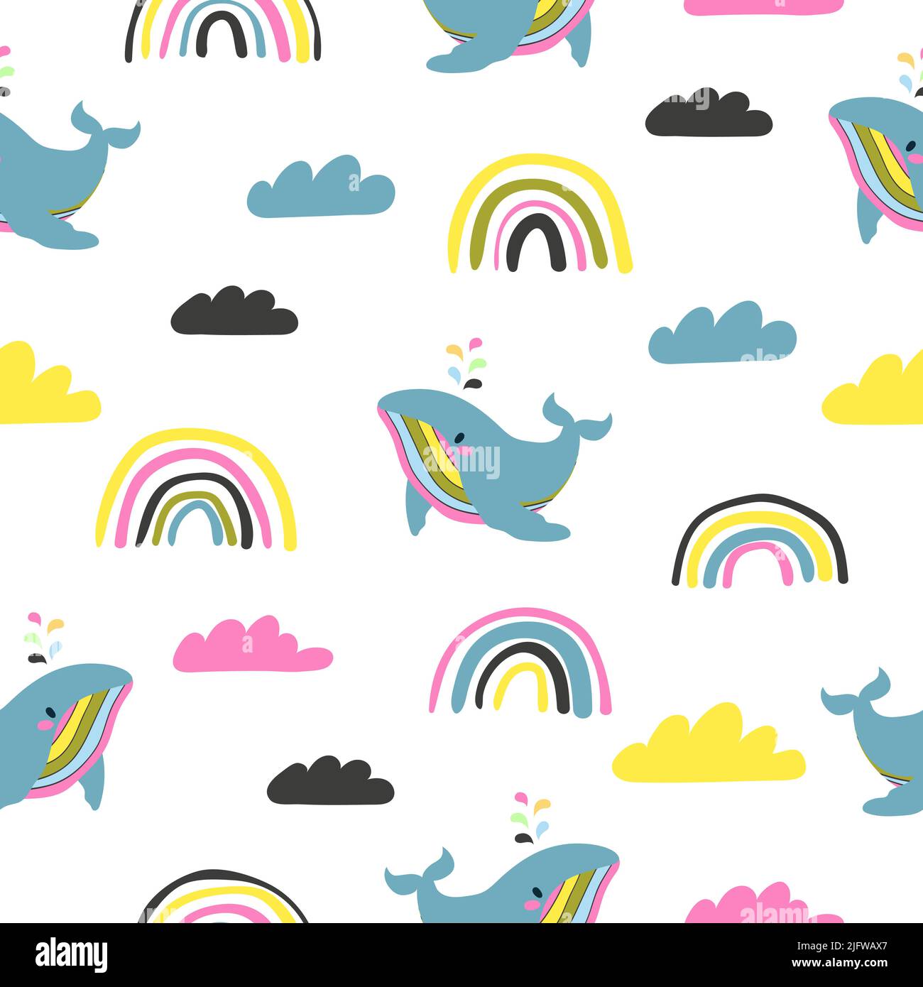 Seamless colorful kids pattern with rainbows and whales. Vector ...