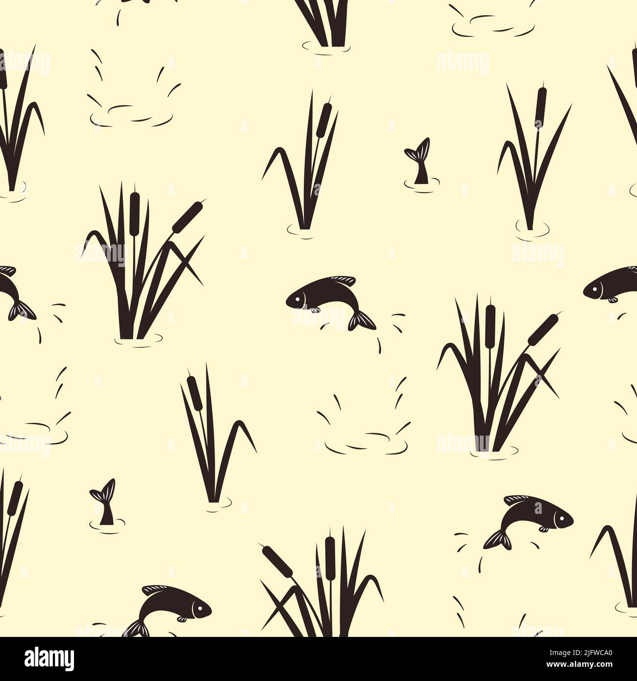 The fish jumping out of water and reeds. Seamless pond pattern. Vector ...