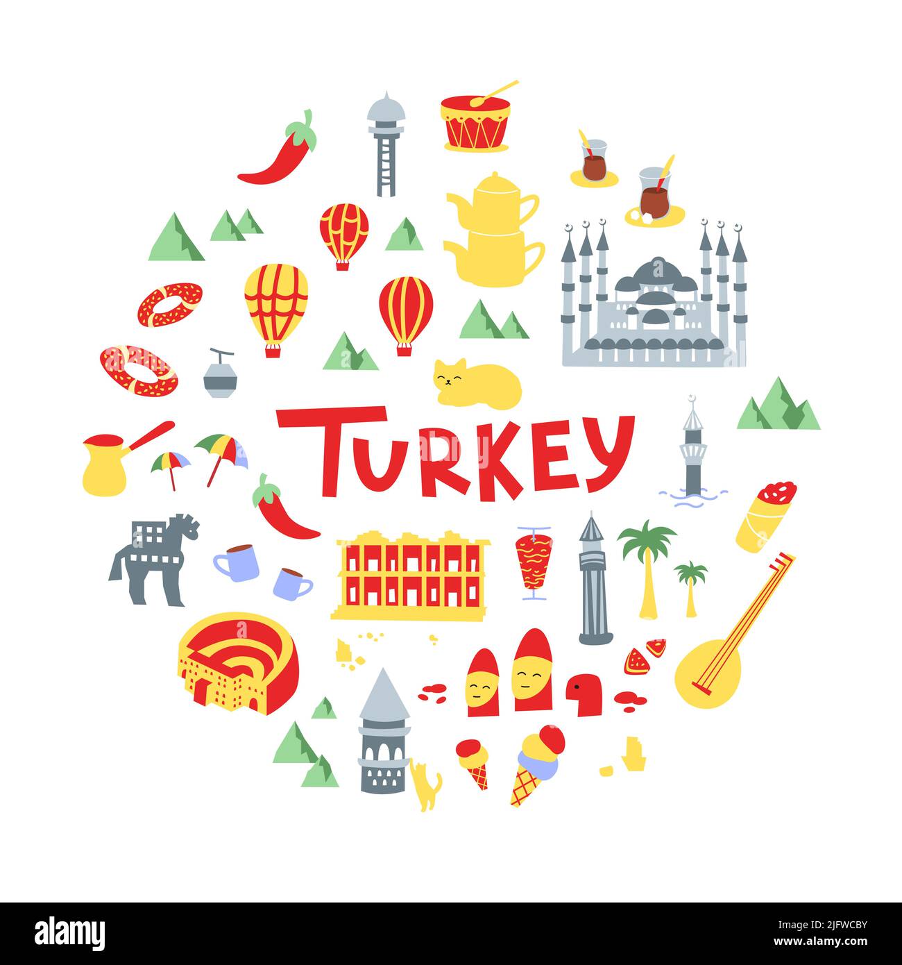 Turkey tourist icon flat hand drawn vector illustration. Travel, trip ...