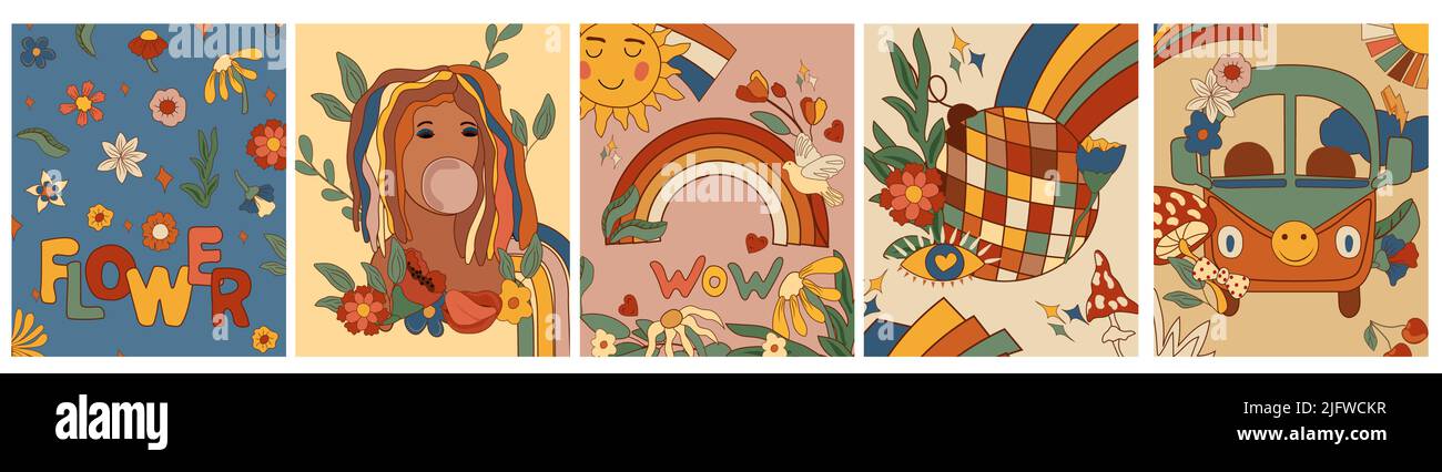 70s groovy posters with retro bus, groovy disco ball, colorful rainbow ...