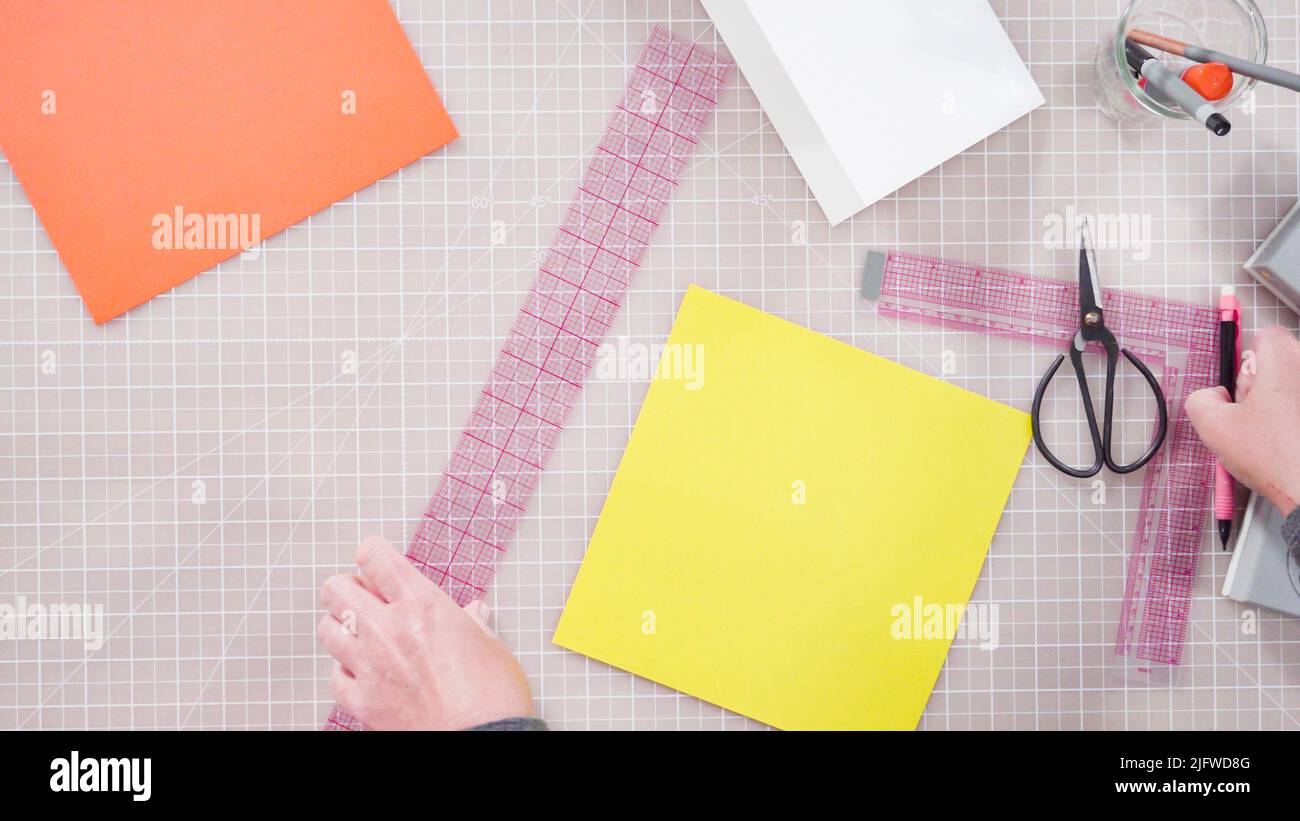 Flat lay. Little girl making a handmade Father's Day card from ...