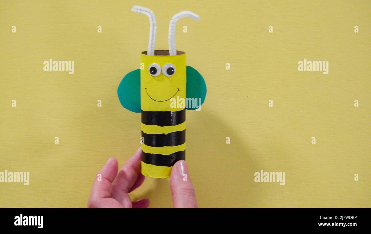 Flat lay. Papercraft project. Colorful bugs made out of empty toilet ...