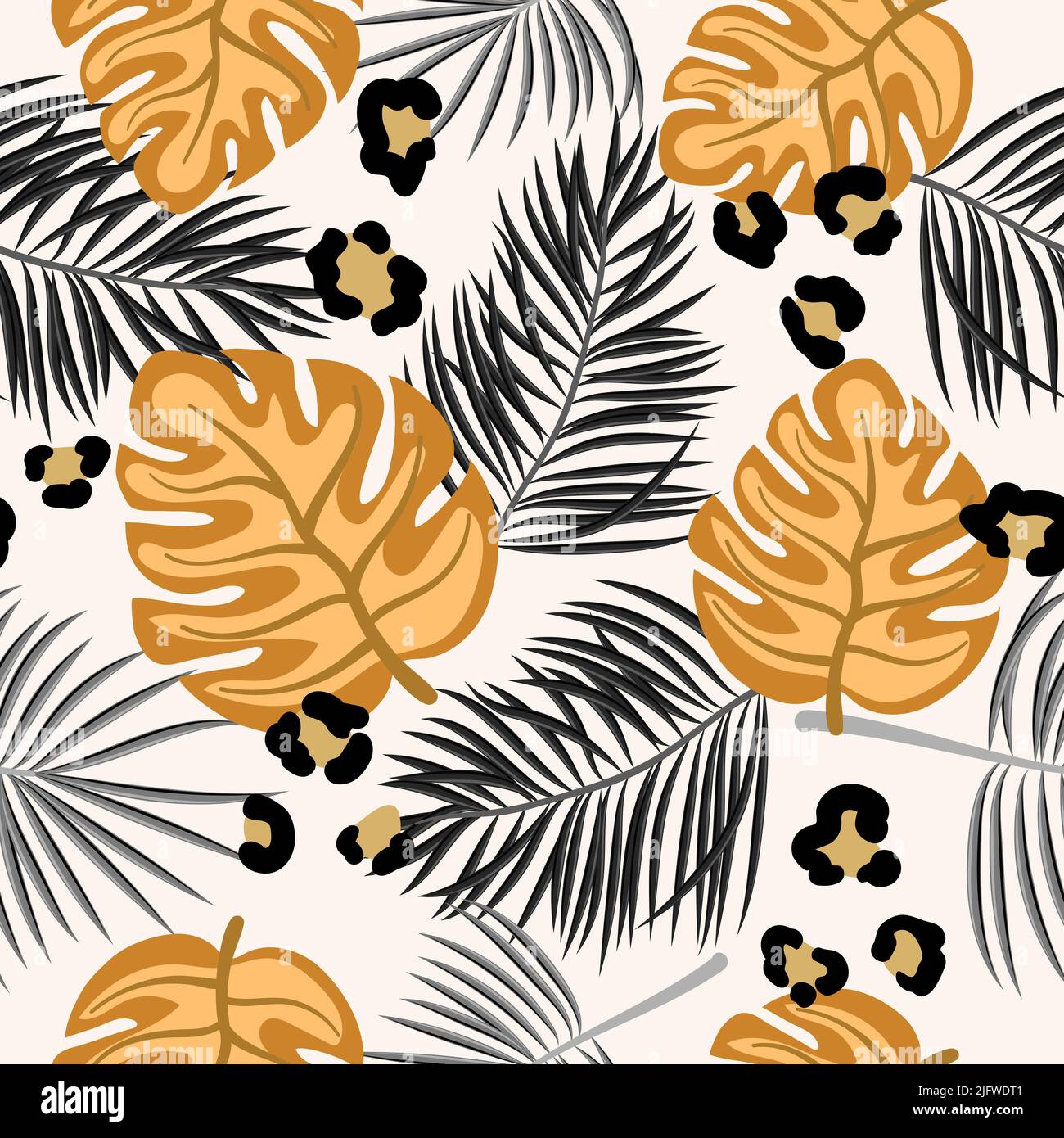 Seamless tropical pattern with exotic leaves and leopard print. Vector ...