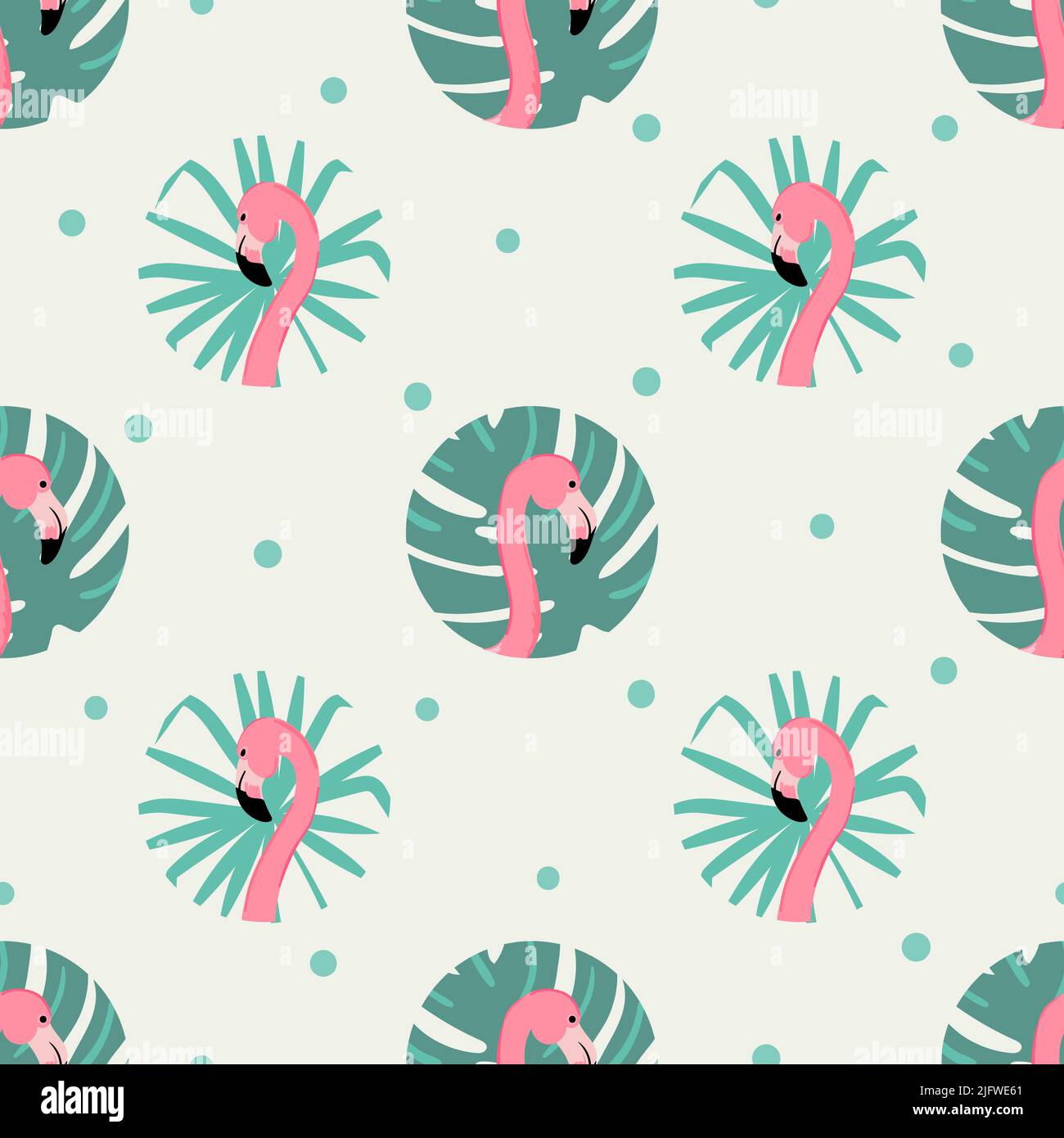 Seamless polka dot pattern with pink flamingo. Vector tropical print ...