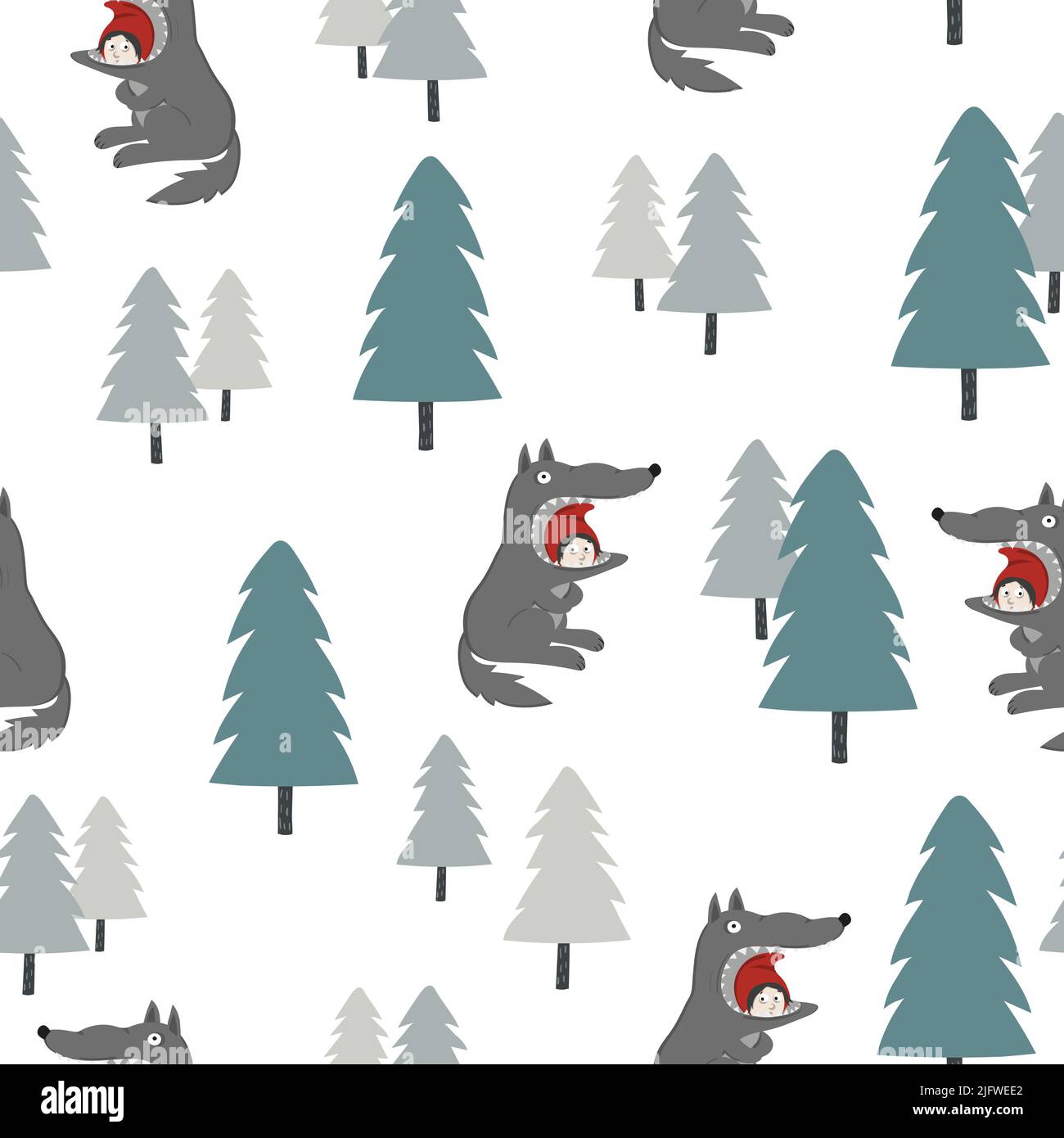 Seamless Red Riding Hood fairy tale pattern. Wolf swallowed little girl ...