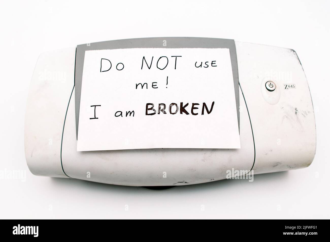 Broken printer equipment repair dirty white Stock Photo - Alamy