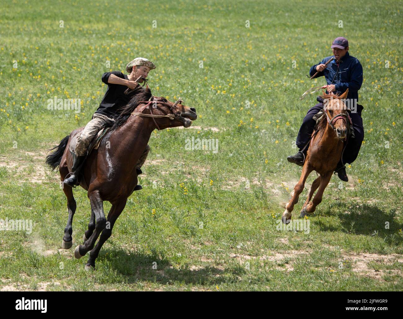 Men play a game of Kok Boru, or dead goat polo, in a field in ...