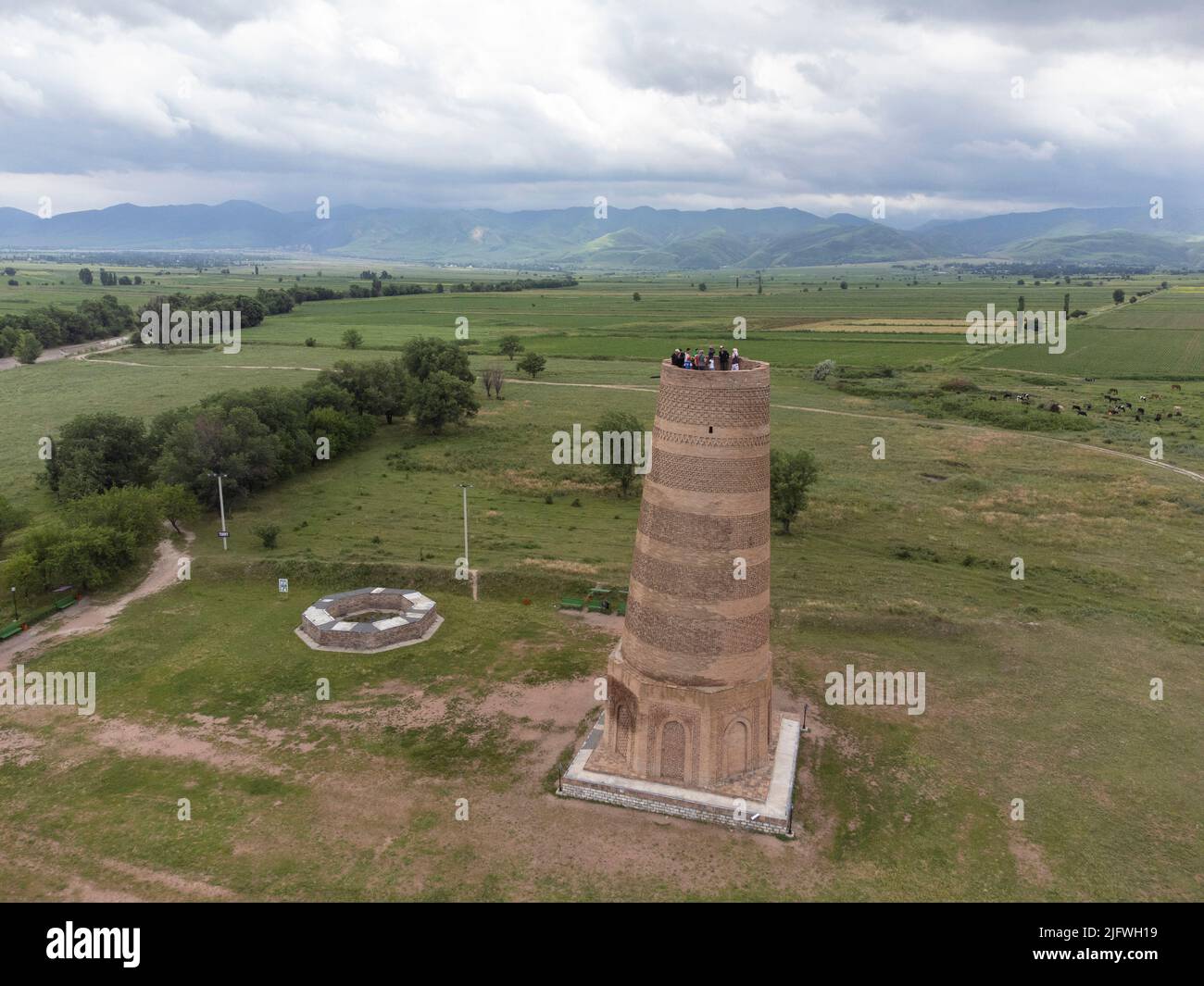 Aerial view of Burana Tower, an ancient tower in Kyrgyzstan Stock Photo ...
