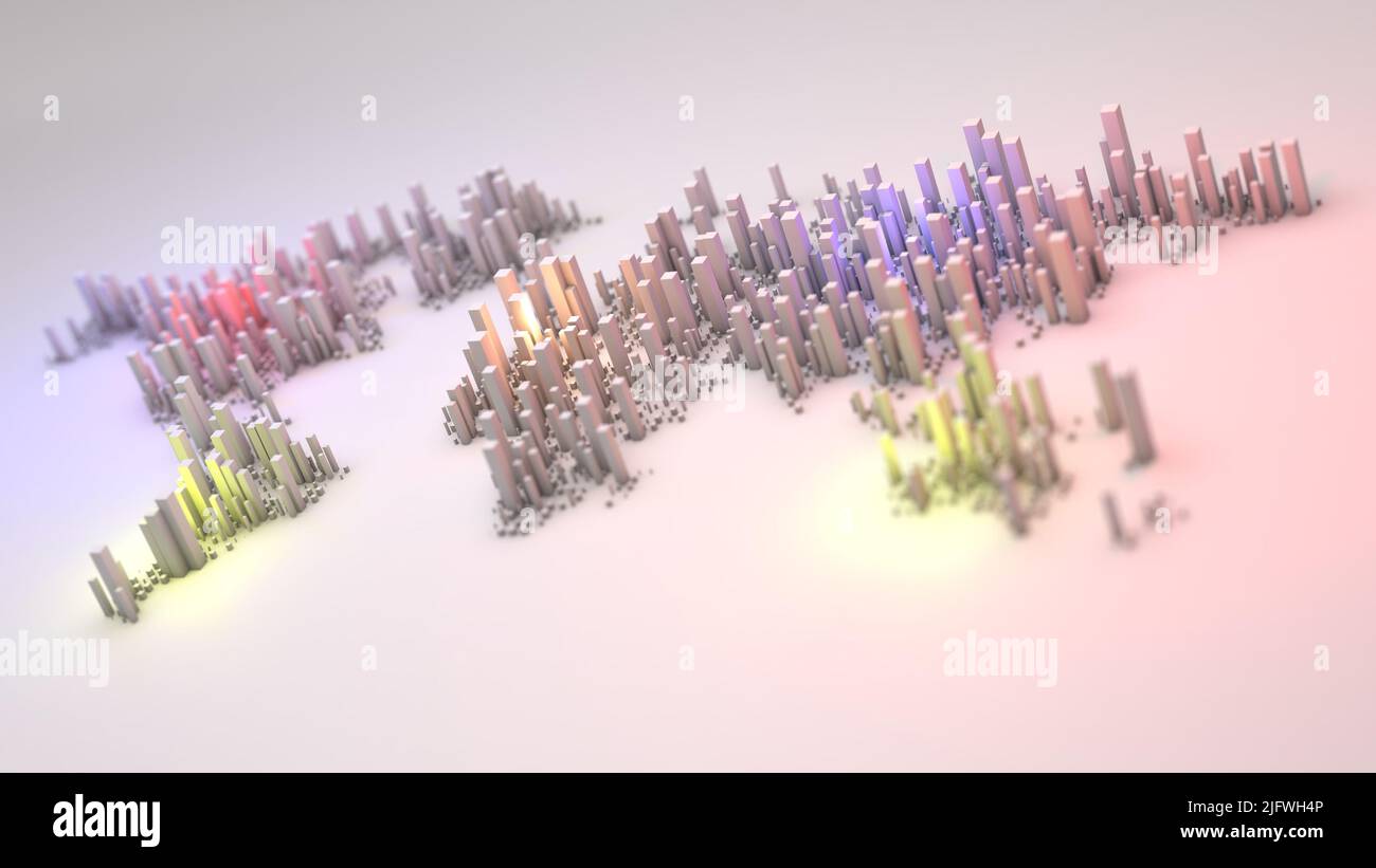 Three-dimensional rendering of vertical blocks and world map Stock ...
