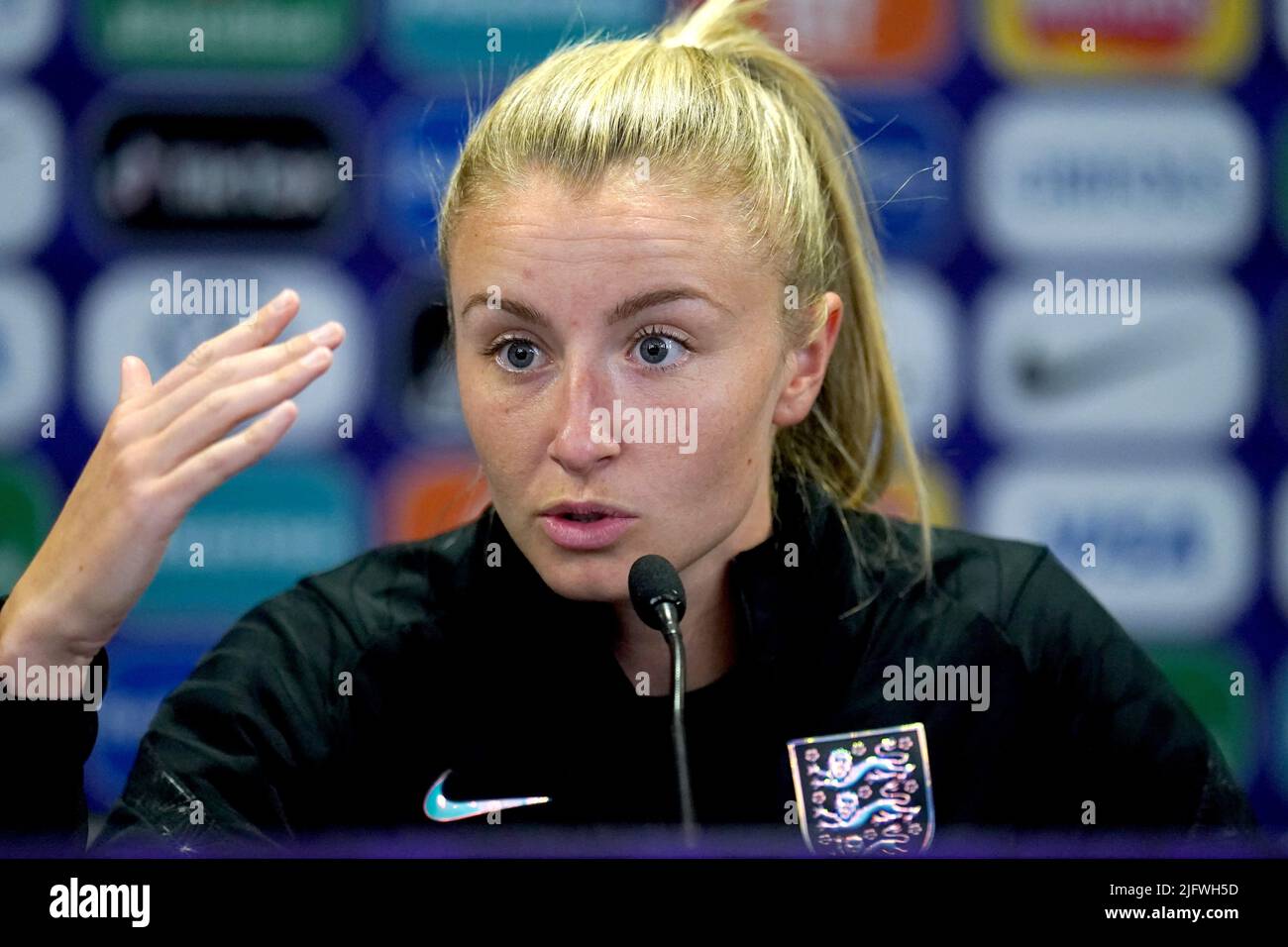 England’s Leah Williamson during a press conference at Old Trafford ...