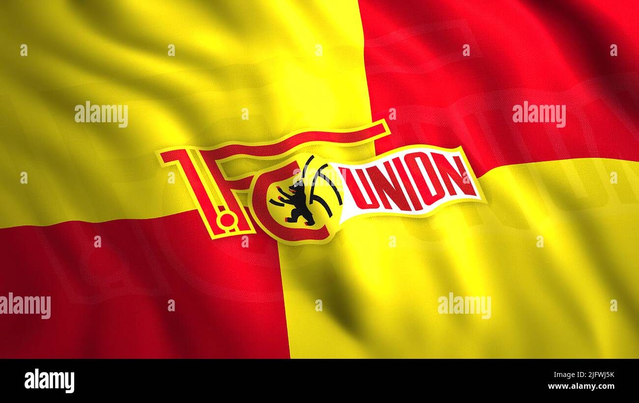 3D flag with emblem of German football team. Motion. Beautiful bright ...