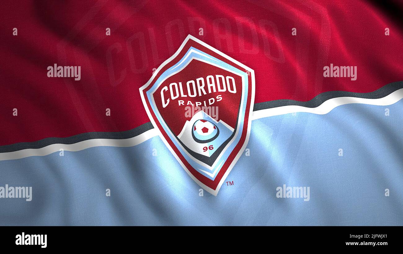 3D flag waving with football club logo. Motion. Animation of American ...