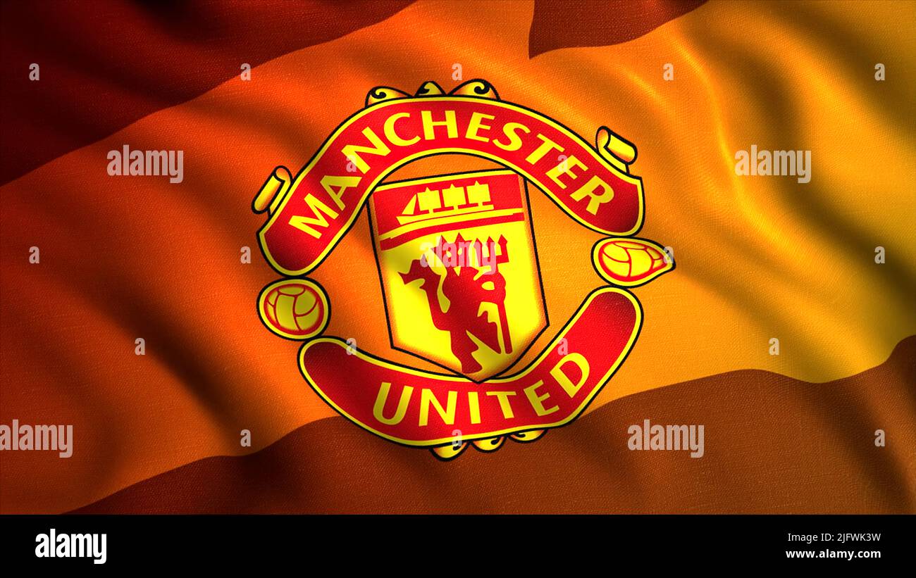 Flying flag with Manchester United football team logo, close up. Motion ...