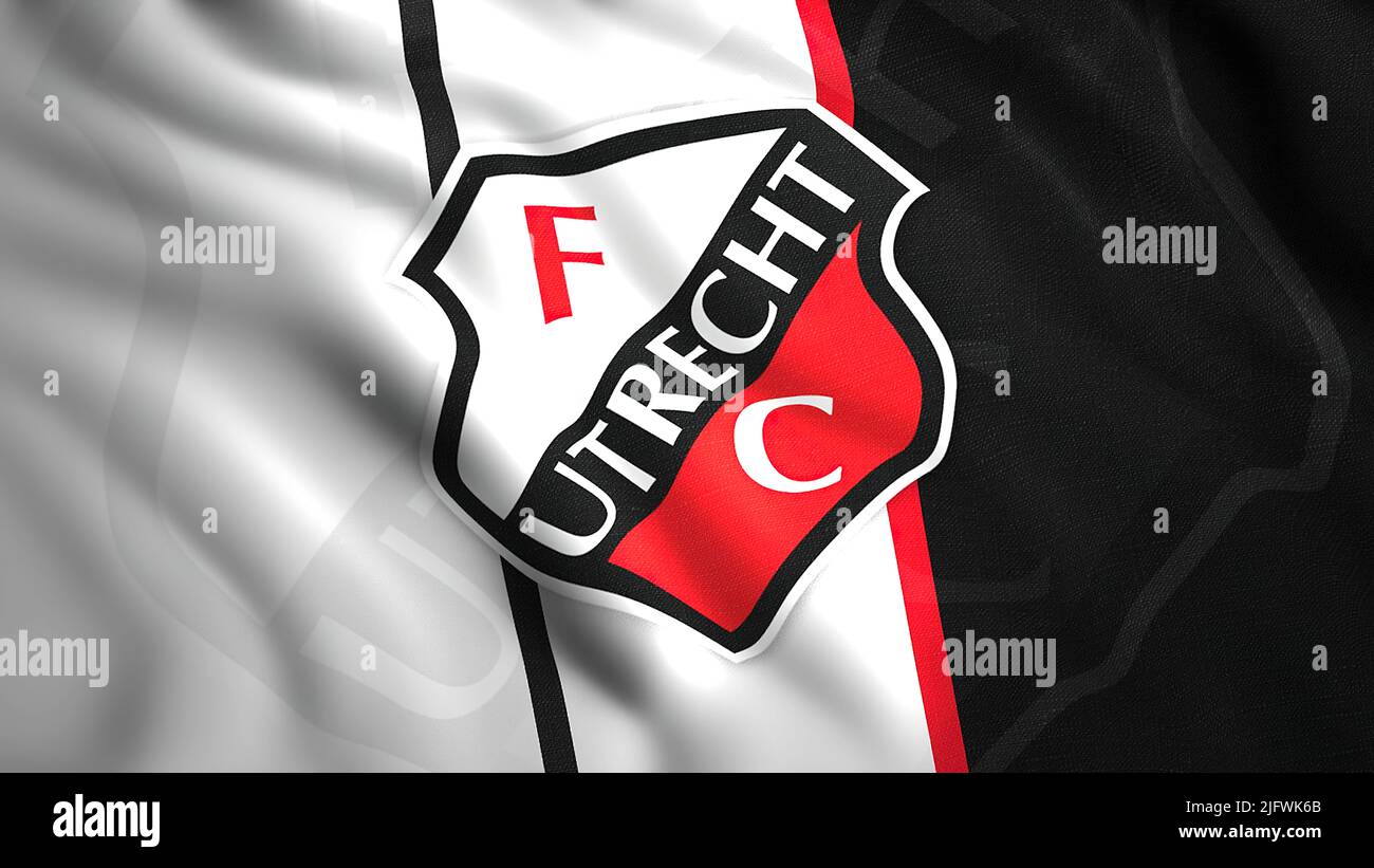 Waving flag with logo of football club. Motion. Beautiful 3D flag moves ...