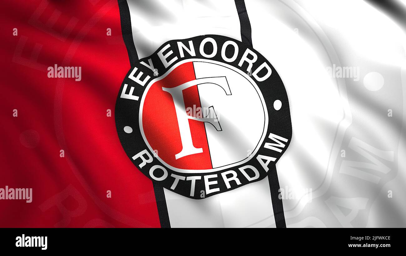 Waving flag with logo of football club. Motion. Beautiful 3D flag moves ...
