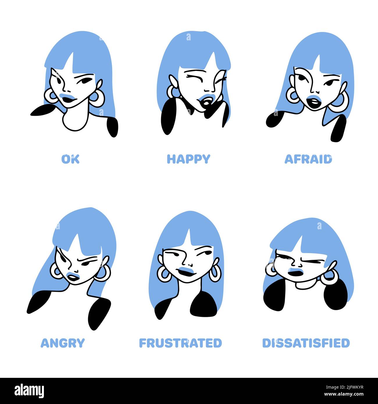 Set of a girl who shows emotions, cartoon drawing Stock Vector Image ...