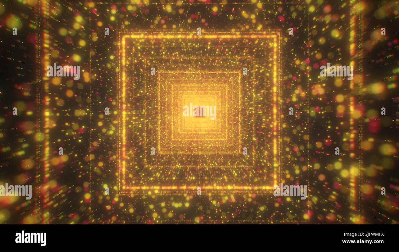 Bright shimmering tunnel with squares. Motion. Beautiful square tunnel with stream of particles ...