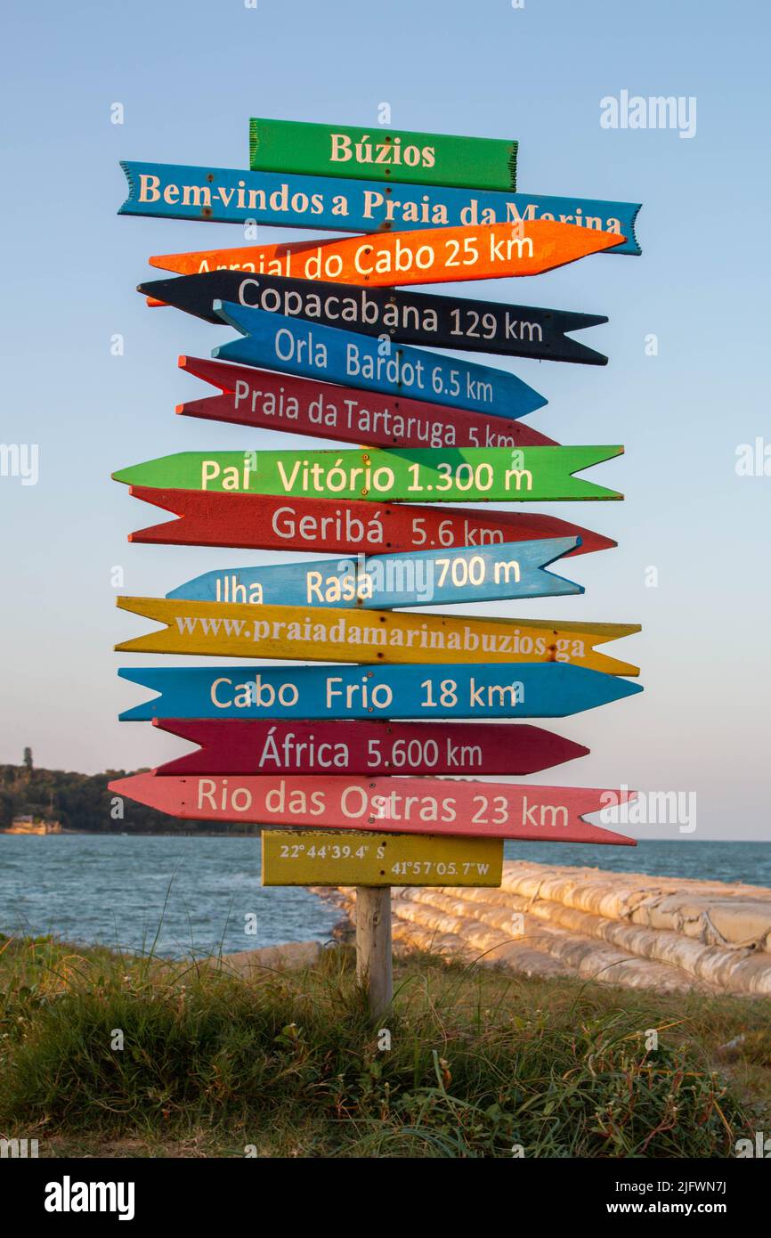 Nice and colorful sign of destinations and distances by the beach in ...