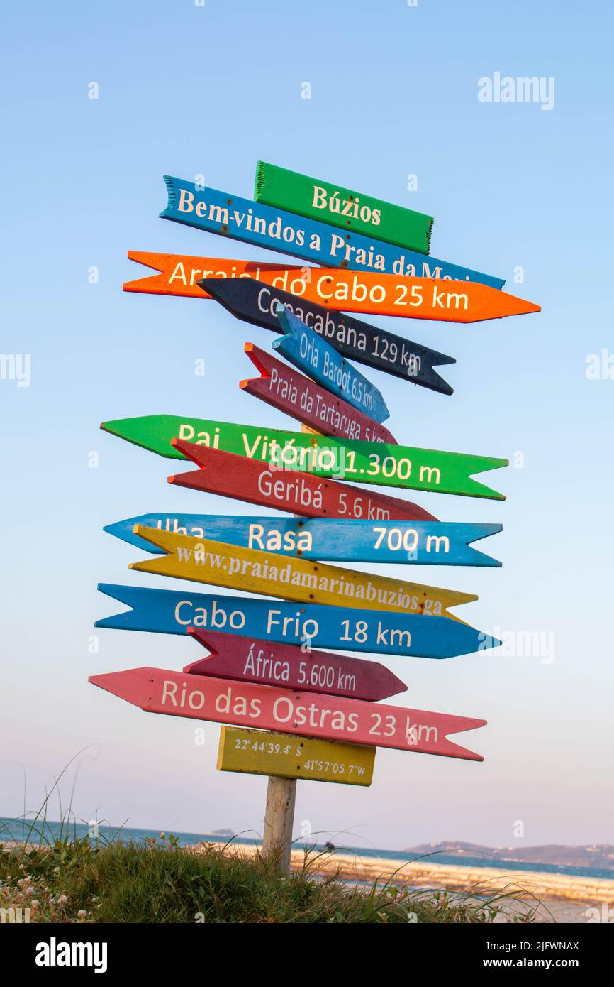 Nice and colorful sign of destinations and distances by the beach in ...