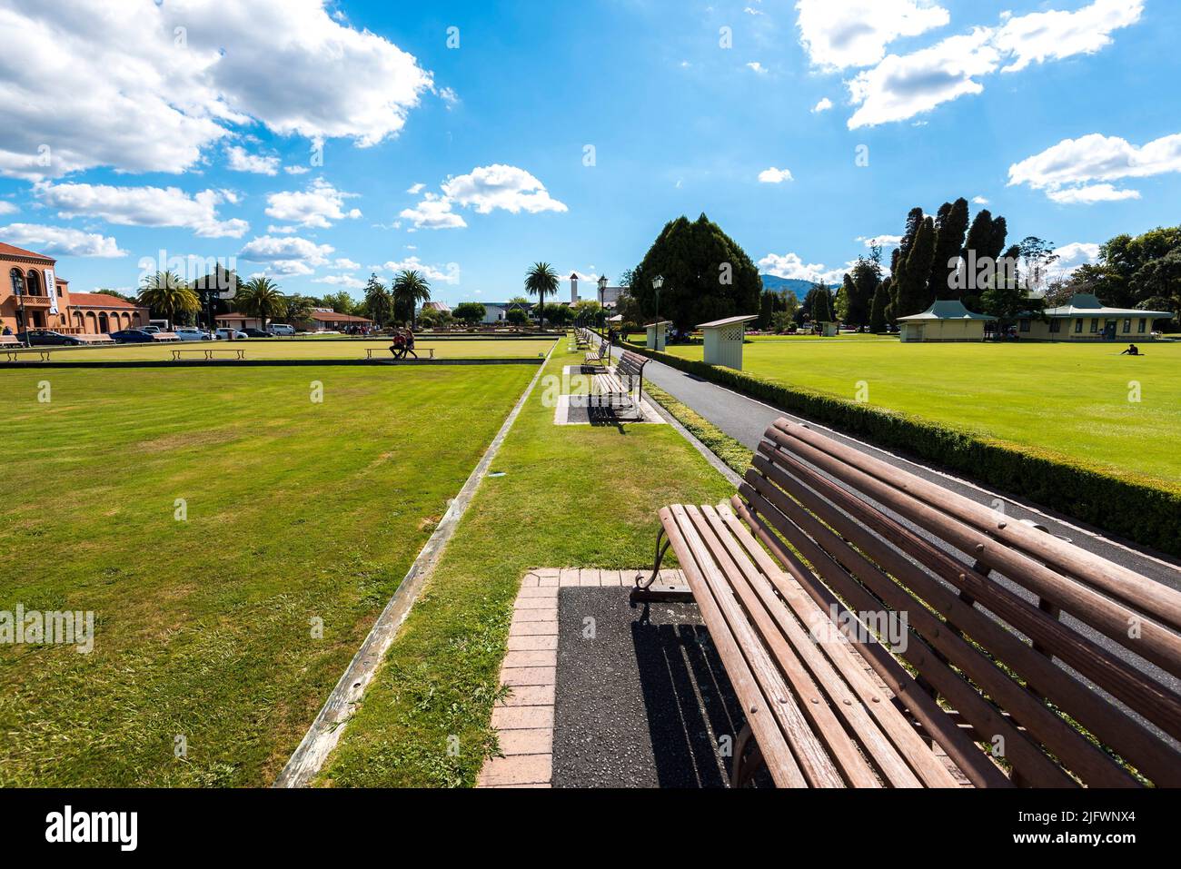 A line of benches in a park with green lawn under the sunlight Stock ...
