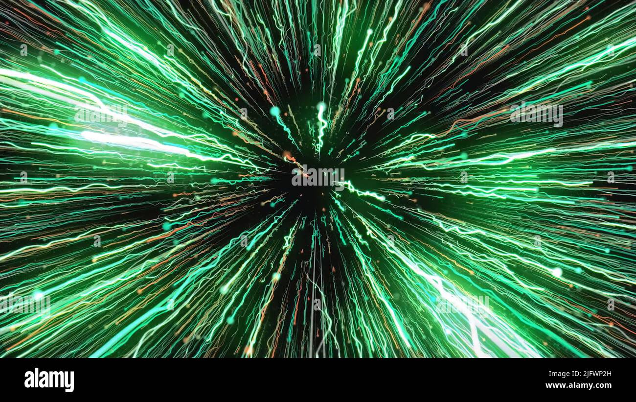 Cosmic stream with glowing lines on black background. Motion. Immersion ...