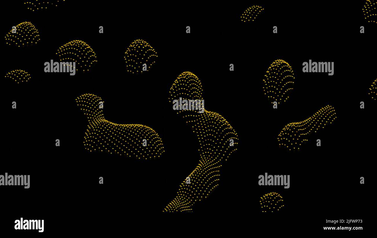 3D spots move on black surface. Design. Dotted living spots move and ...